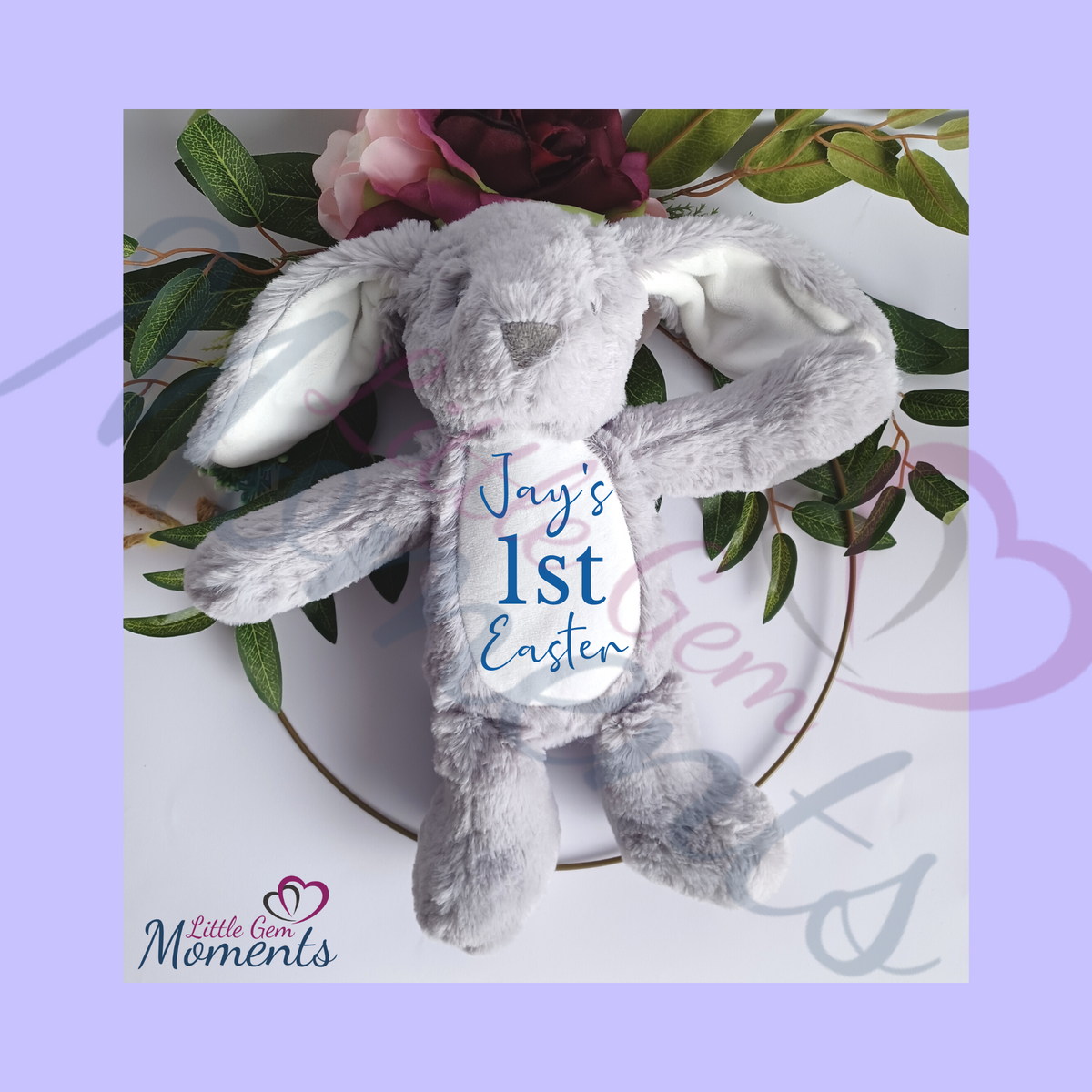 Personalised Grey Easter Bunny Rabbit Plush – Little Gem Moments